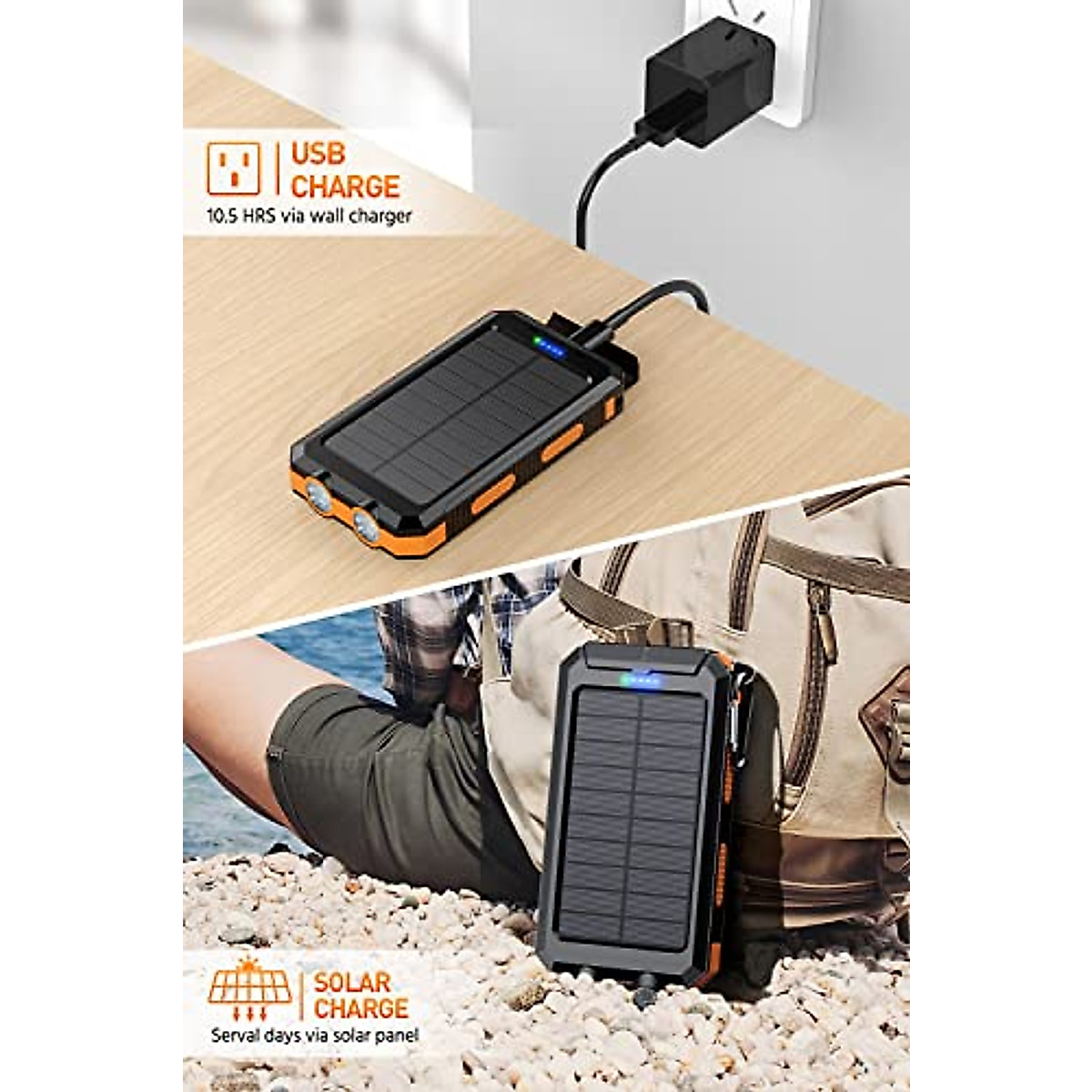 Power-Bank-Portable-Charger-Solar - 36800mAh Waterproof Portable External Backup Battery Charger Built-in Dual QC 3.0 5V3.1A Fast USB and Flashlight for All Phone and Electronic Devices (Orange)
