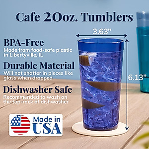 US Acrylic Café 20-ounce Plastic Restaurant Style Lightweight Stackable Beverage Tumblers | Reusable, BPA-free, Made in the USA, Top-rack Dishwasher Safe | Water Cups set of 16 in 4 Coastal Colors