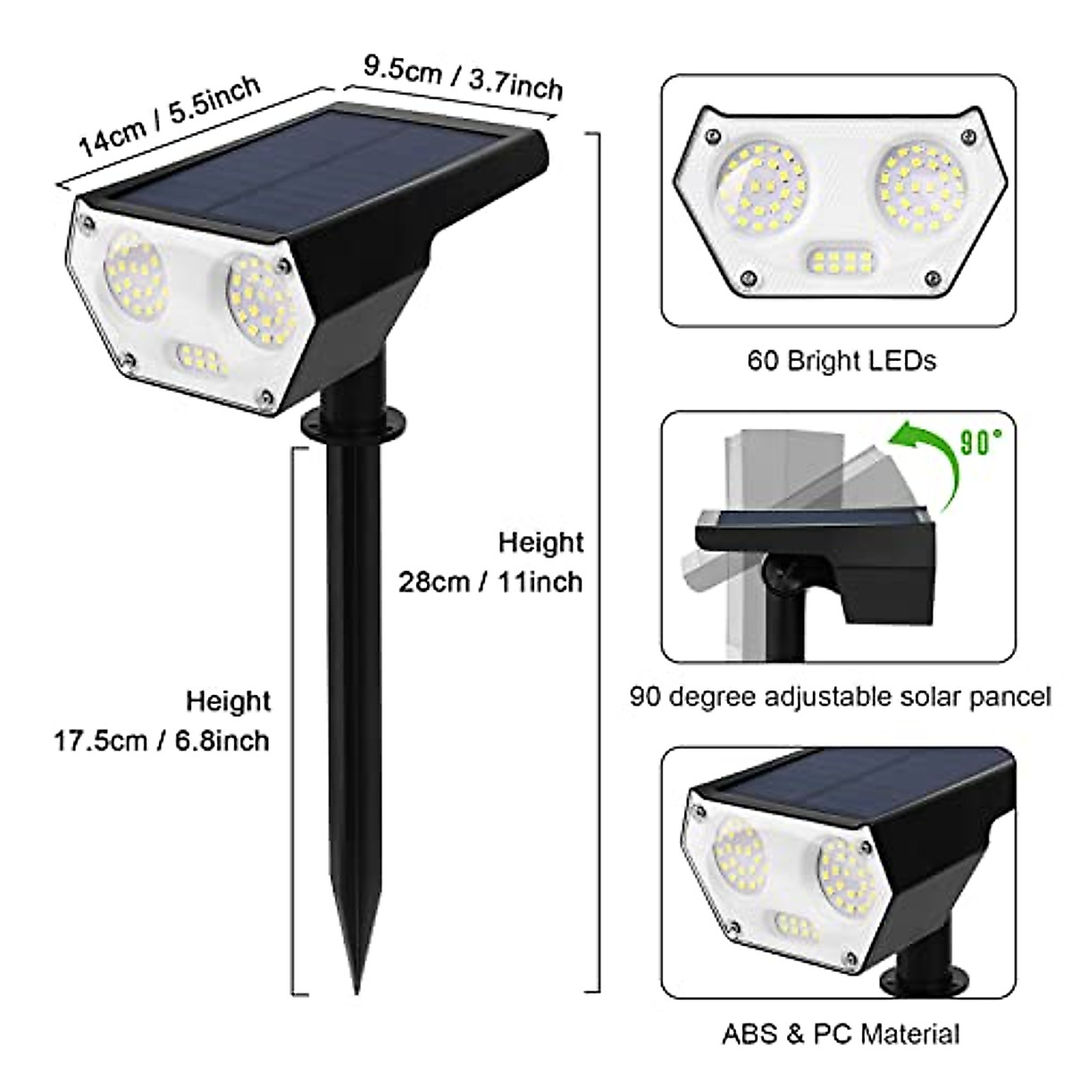 E-Senior Solar Spot Lights Outdoor, 60 LEDs Solar Landscape Lights IP65 Waterproof, Outdoor Solar Light with 2 Modes for Garden Yard Patio Driveway Pool 2 Pack (Cool White)