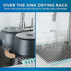 COOK WITH COLOR Roll Up Dish Rack- Over The Sink Mat for Drying Dishes - Silicone Wrapped Stainless Steel Rods (15" x 17.5") - Versatile Roll Up Trivet & Dish Drying Rack for Kitchen
