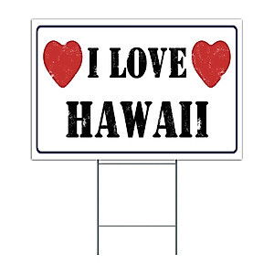 Autravelco I Love Hawaii Yard Sign Outdoor Decoration for Construction 12x18 Inch Custom Lawn Signs with Stakes State Pride Patriotic Red Metal Lawn Sign for Rent House