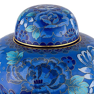 Azure Blue Cloisonne Cremation Urn for Ashes, Metal, Blue Enameled Urn, Adult Sized Cremation Urn, 9.5 Inches High