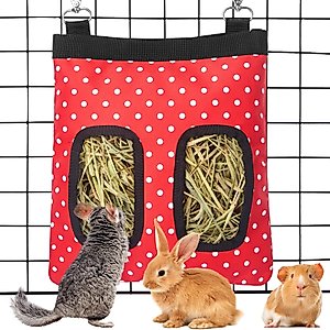 Petbank Rabbit Hay Feeder Guinea Pig Hay Feeder, Hanging Rabbit Hay Feeder Bag with 2 Holes for Chinchilla Hamsters Rabbit Guinea Pig Small Pets