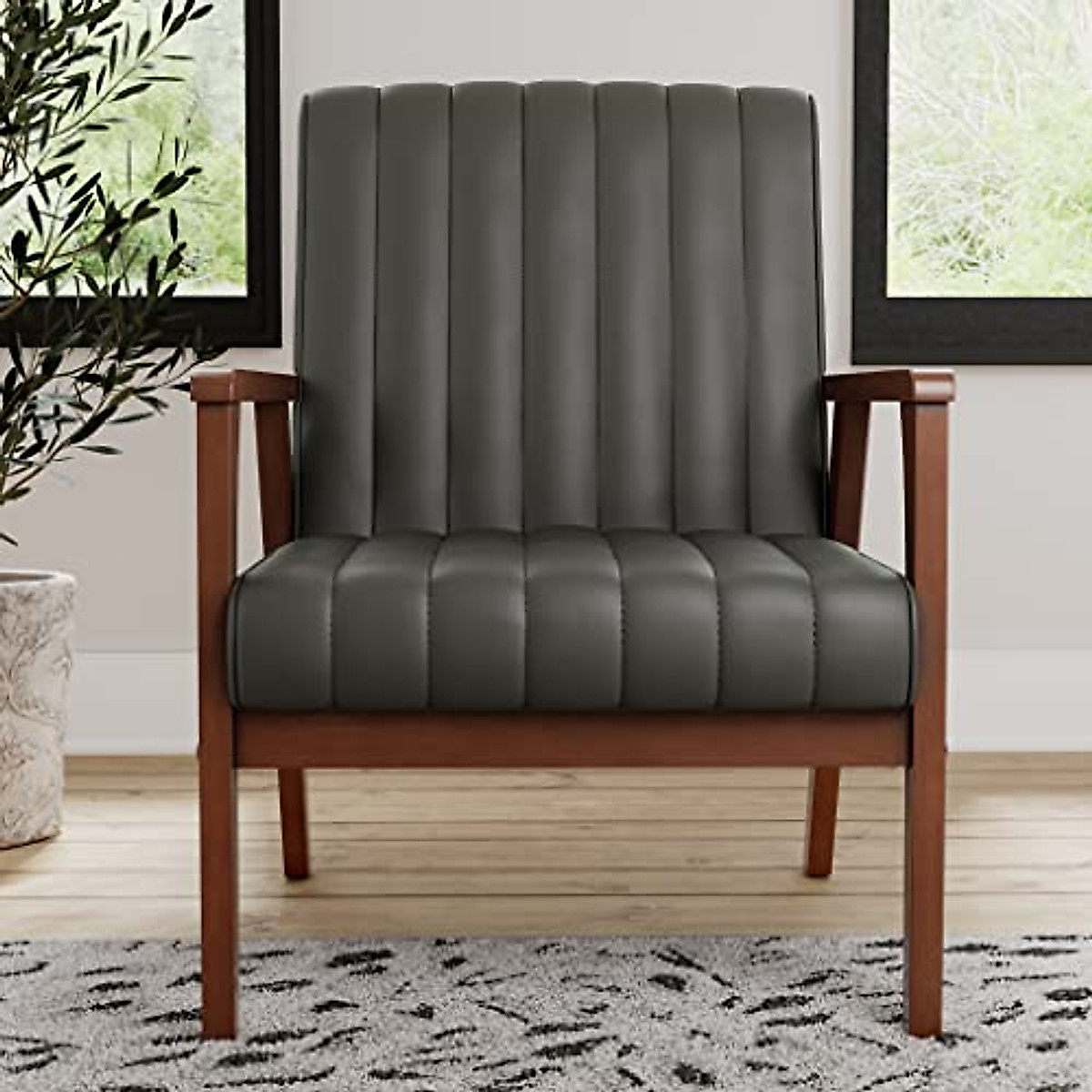 Edenbrook Carlton Exposed Wooden Arm Accent Chair for Living Room-Real Wood-Modern Channeled Tufting, Gray