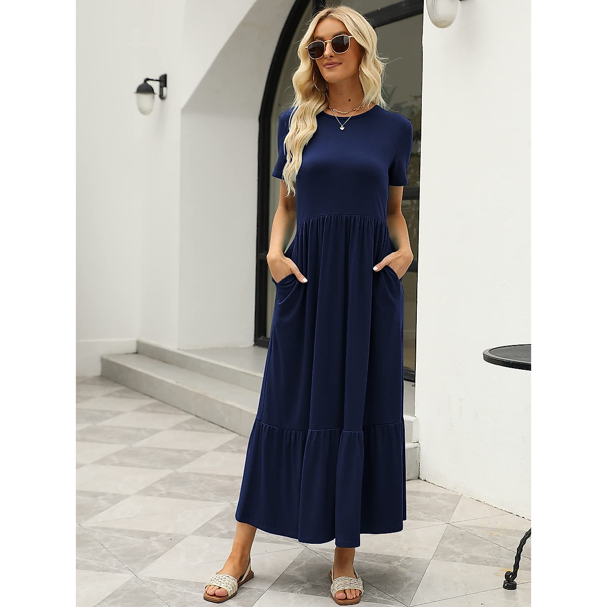 LILLUSORY Womens Short Sleeve Crew Neck Tiered Flowy Swing Midi Dresses with Pockets Navyblue