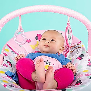 Disney Baby MINNIE MOUSE Baby Bouncer Soothing Vibrations Plush Infant Seat - Removable Toy Bar, Nonslip Feet, 0-6 Months Up to 20 lbs (Spotty Dotty)