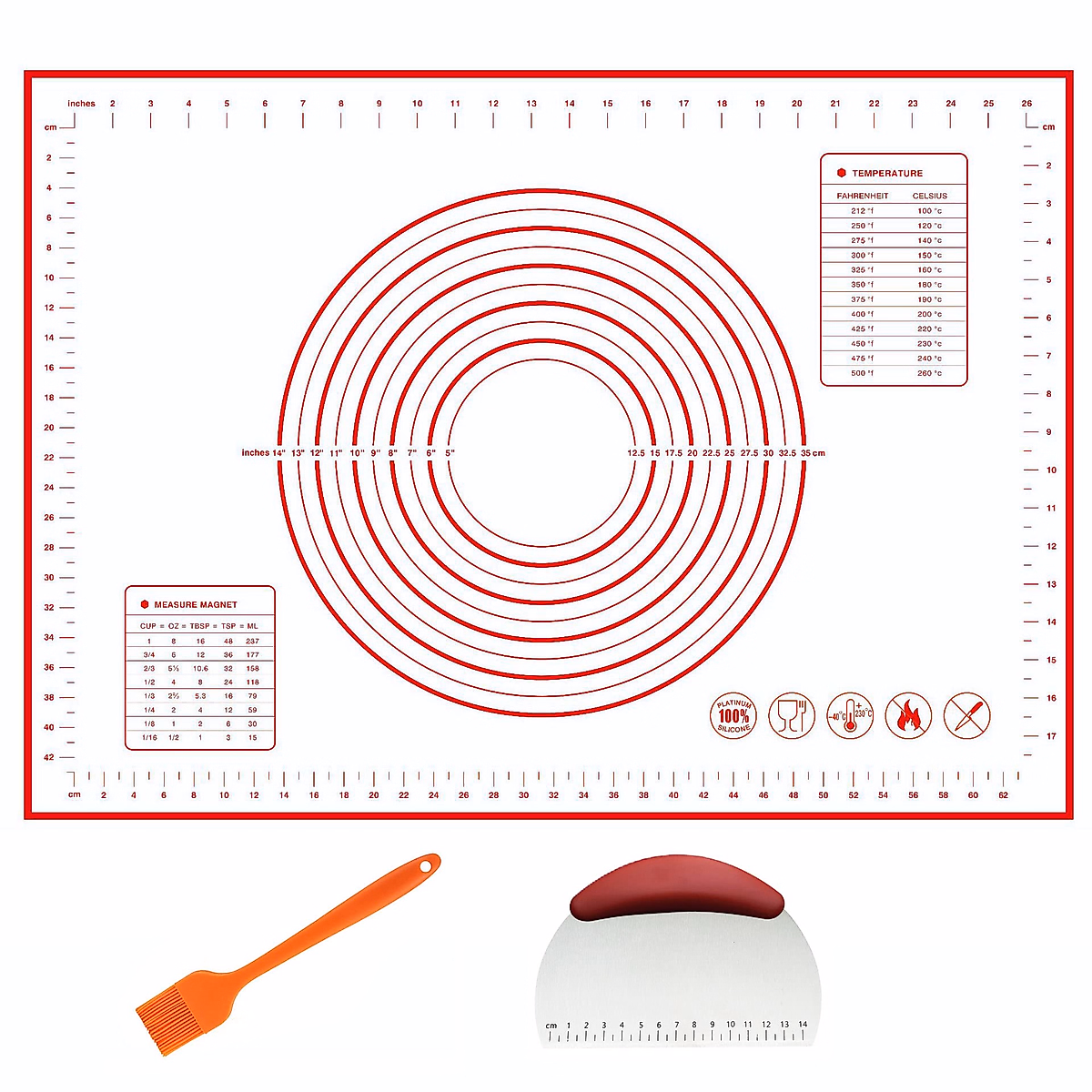 Silicone Dough Mat Non Stick Pastry Mat with Measurement Silicone Mats for Kitchen Counter Reusable Baking Mat Pie Crust Mat with Oil Brush and Dough Scraper(20" x 28",Red)