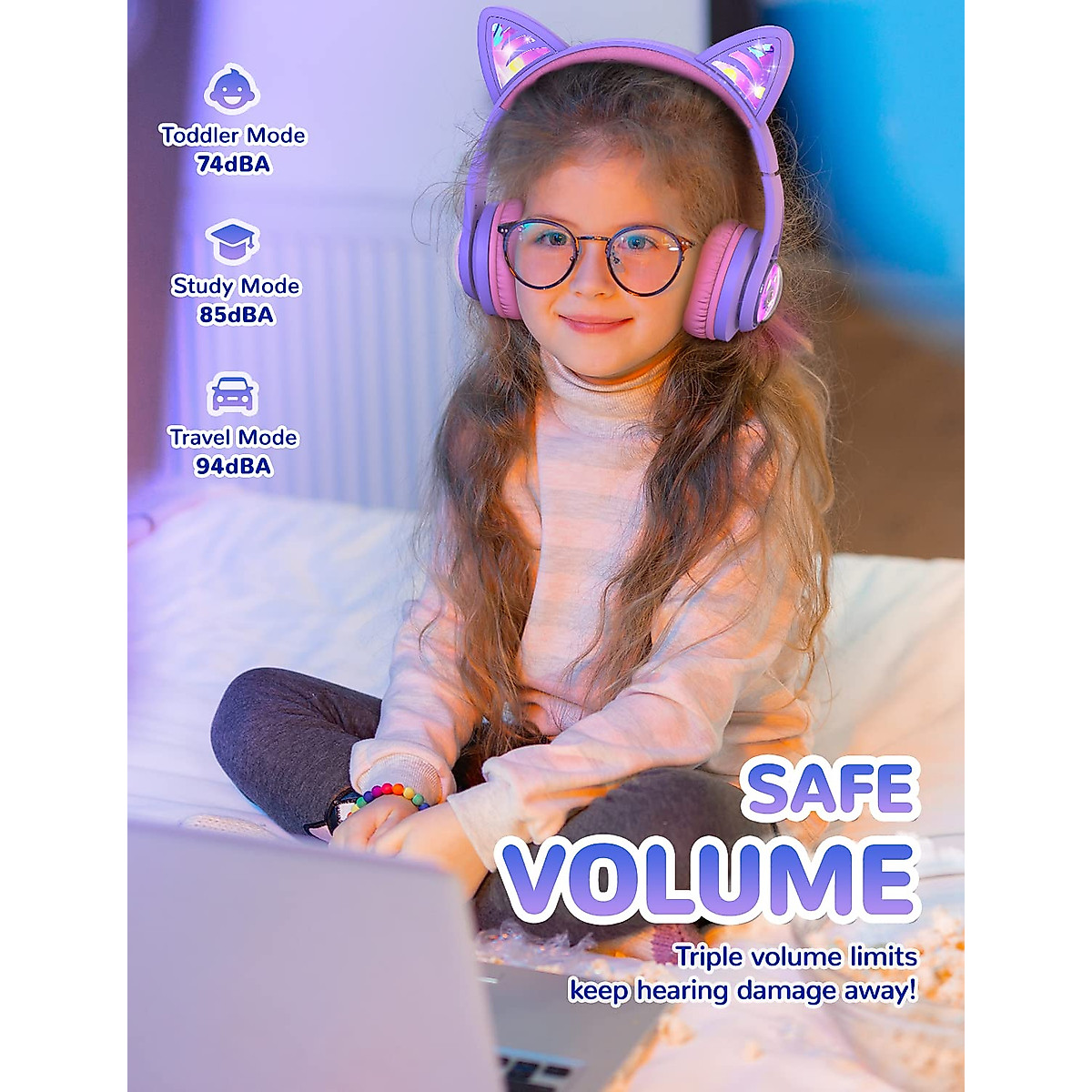 iClever Kids Bluetooth Headphones, Cat Ear Wireless Headphones LED Lights Up, 74/85/94dBA Volume Limited, 45H Playtime, Kids Headphones with Portable Bag for Travel iPad Tablets, Meow Jelly-Purple