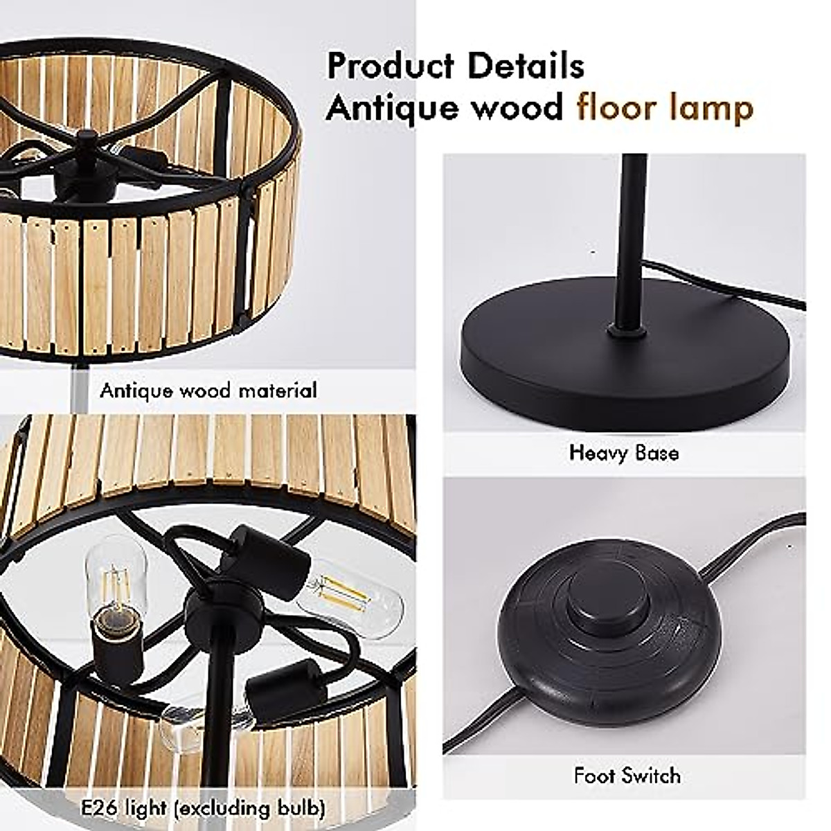 Szleomay Wood Floor Lamp, Mid Century Standing Lamp, Modern Black Floor Lamps for Living Room, Farmhouse Tall Floor Lamp for Bedroom, Study Room and Office, ON/Off Foot Switch