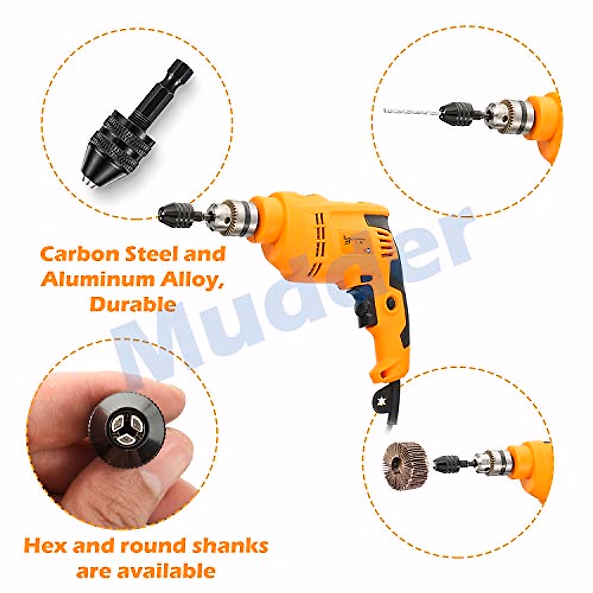 4 Pieces Keyless Drill Chuck, 1/4, 1/8, 1/16 Inch Hex and Round Shanks Small Drill Chuck Change Adapter