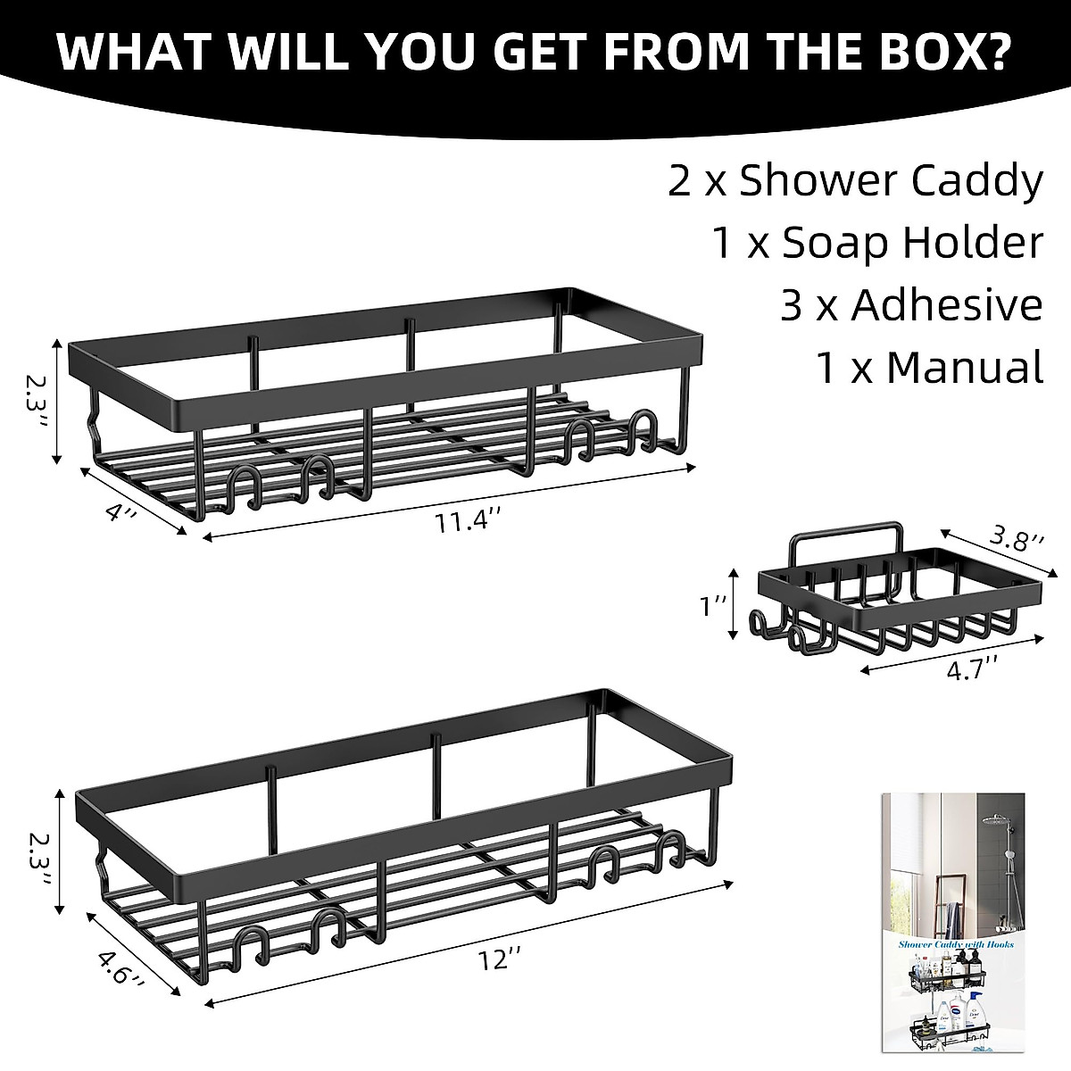 Moforoco 3-Pack Shower Caddy Basket Shelf with Soap Holder, No Drilling Traceless Adhesive Shower Wall Shelves, Rustproof Black Bathroom Shower Storage Organizer…