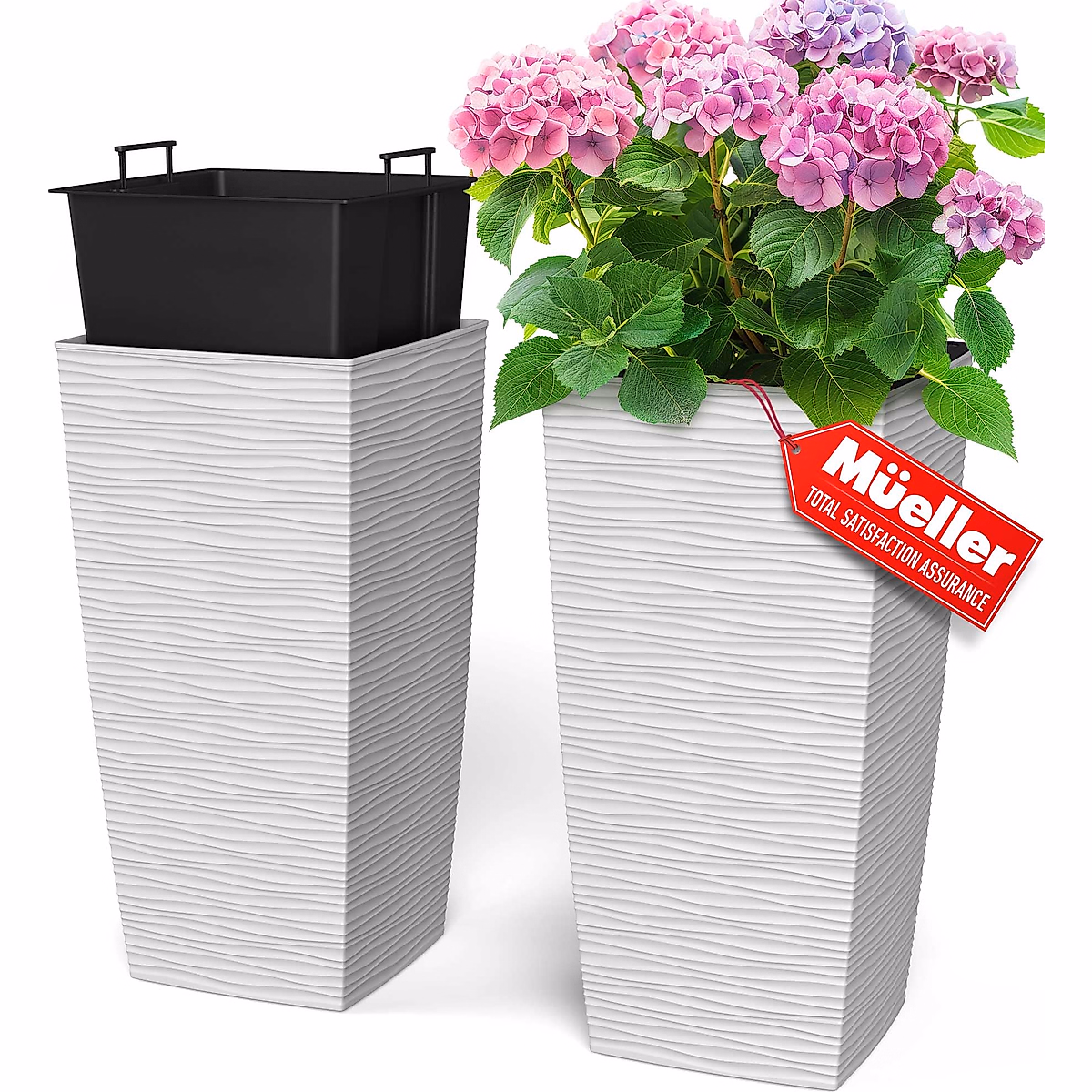 Mueller M-Resin Heavy Duty Tall Planter, Indoor/Outdoor Grande Plant, Tree, Flower Pot, 2-Piece Set, 24”, Modern Design, Built-in Drainage, White