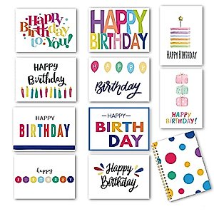 100 Birthday Cards, Happy Birthday Cards Bulk with Short Message Inside, 5x7 Inch Thick Card Stock Assorted Birthday Cards with Envelopes,10 Unique Designs Birthday Cards for Men and Women.