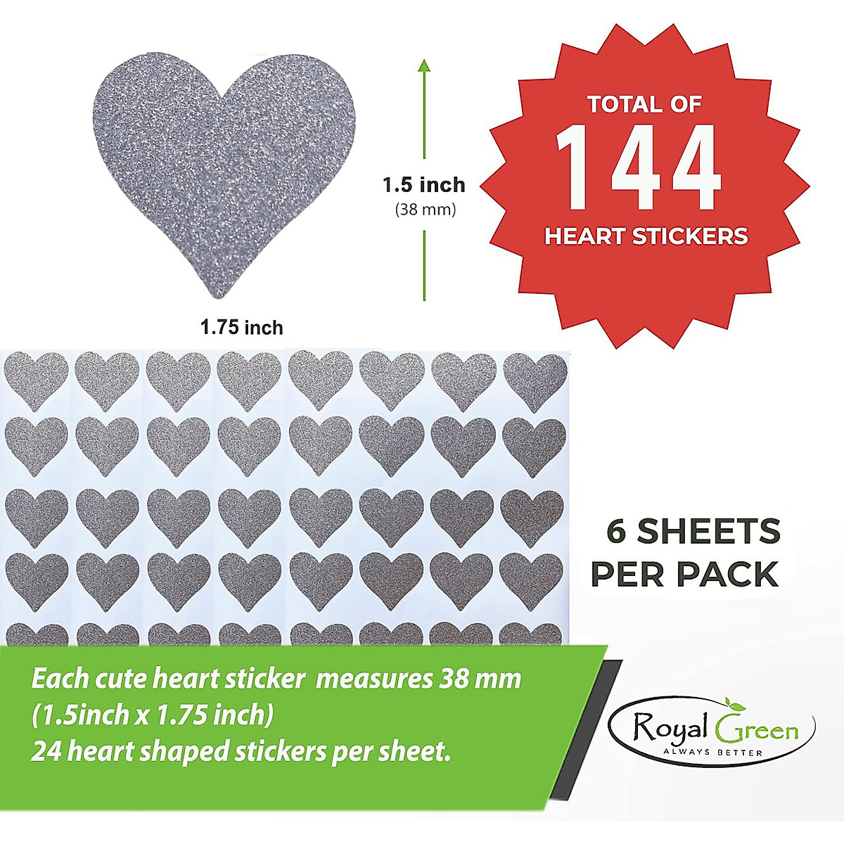 Royal Green Glitter Heart Stickers Silver Labels Perfect for Parties, Envelope Seals, Thank You, Party Favor Bags, Treat Bag Seals, and Gift Boxes 1.5" x 1.75" - 144 Pack