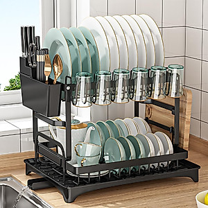 Dish Drying Rack, Multifunctional Dish Rack, Rustproof Kitchen Dish Drying Rack with Drainboard, Space-Saving 2-Tier Dish Drying Rack with Utensil Holder & Cup Holder for Kitchen Counter,Black