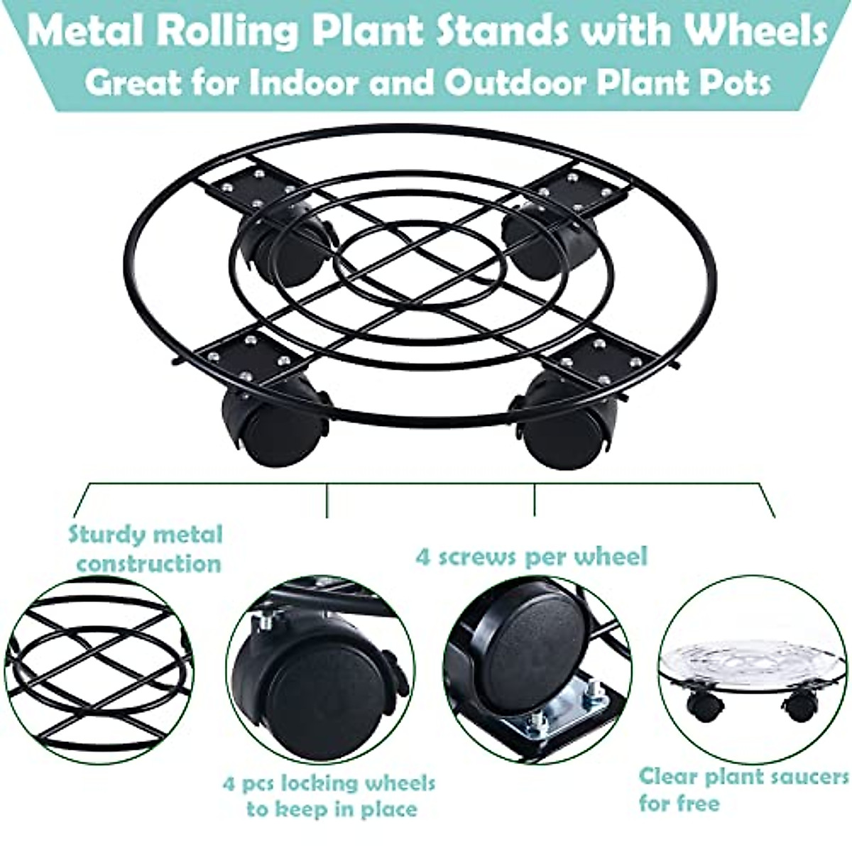 5 Packs Large Metal Plant Caddy 11.8” Plant Dolly with Casters Heavy Duty Wrought Iron Rolling Plant Stand with Wheels for Indoor and Outdoor Plant Pot Rollers Black