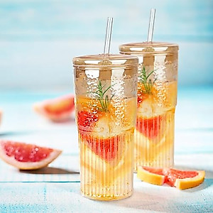 Joeyan 22 oz Amber Glass Tumbler with Straw and Lid for Iced Tea Coffee Smoothie Water Juice Beverages Soda,Ribbed Glasses Cups,Borosilicate Drinking Jar,Set of 2,Dishwasher Safe