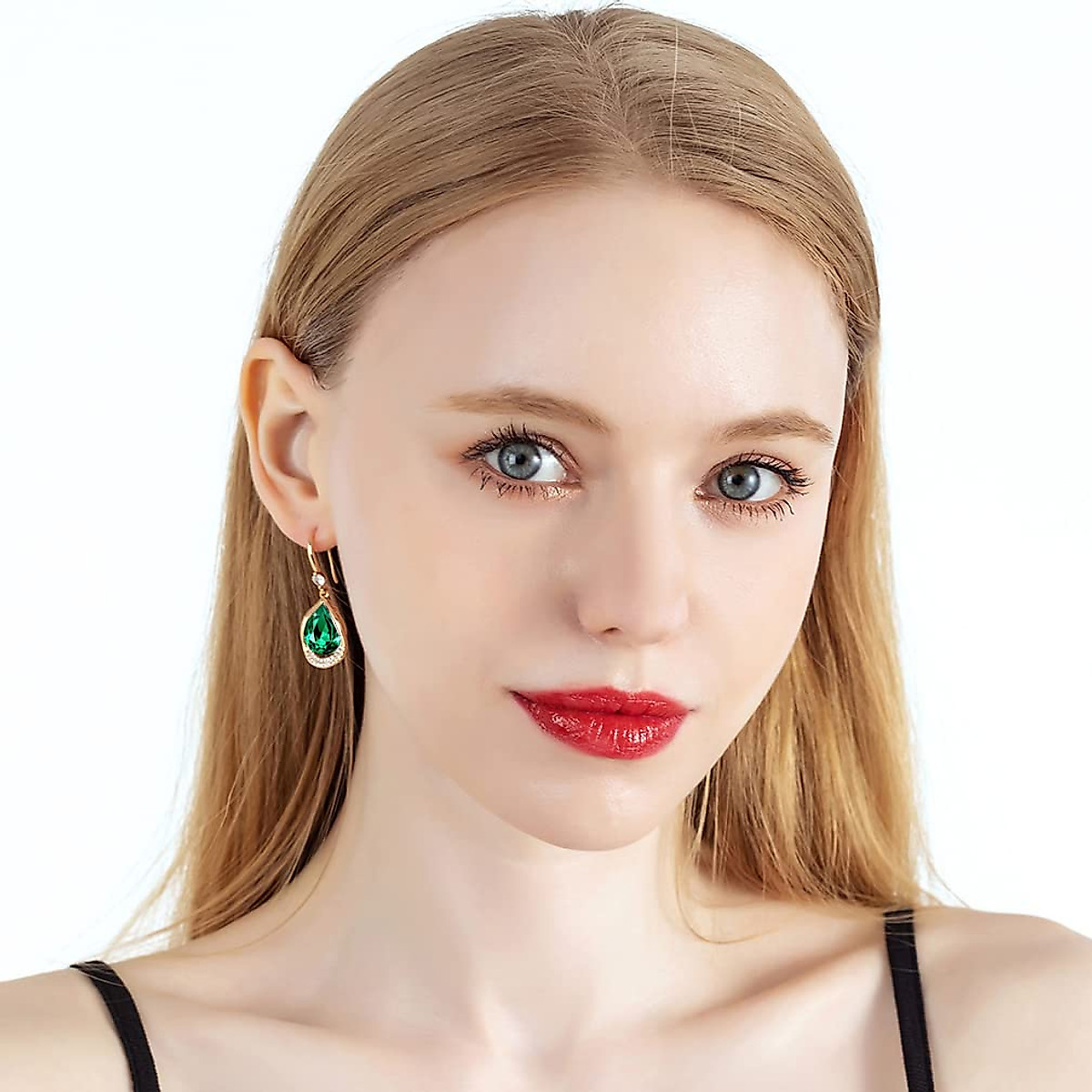 Austrian Crystal Halo Teardrop Hollow Drop Dangle Earrings for Women 14K Rose Gold Plated Hypoallergenic Jewelry (Emerald)