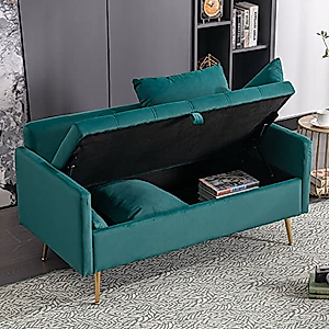 DM Furniture Mini Loveseat with Storage, Modern 53" Button Tufted Velvet Tiny Sofa Couches for Living Room/Bedroom/Office/End of Bed, Peacock Green