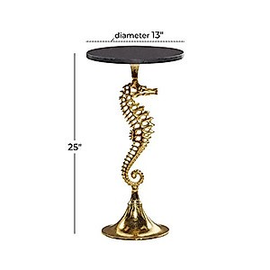 Deco 79 Aluminum Metal Sea Horse Side End Accent Table End Table with Black Marble Table Top, Side Table 13" x 13" x 25", Gold