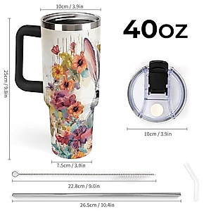 40 Oz Vacuum Tumbler with Black Handle Leakproof Insulated Tumbler Watercolor Rabbit And Flowers Stainless Steel Travel Mug with Lid And Straw Coffee Cup Cute Water Bottles Cup Holder Friendly