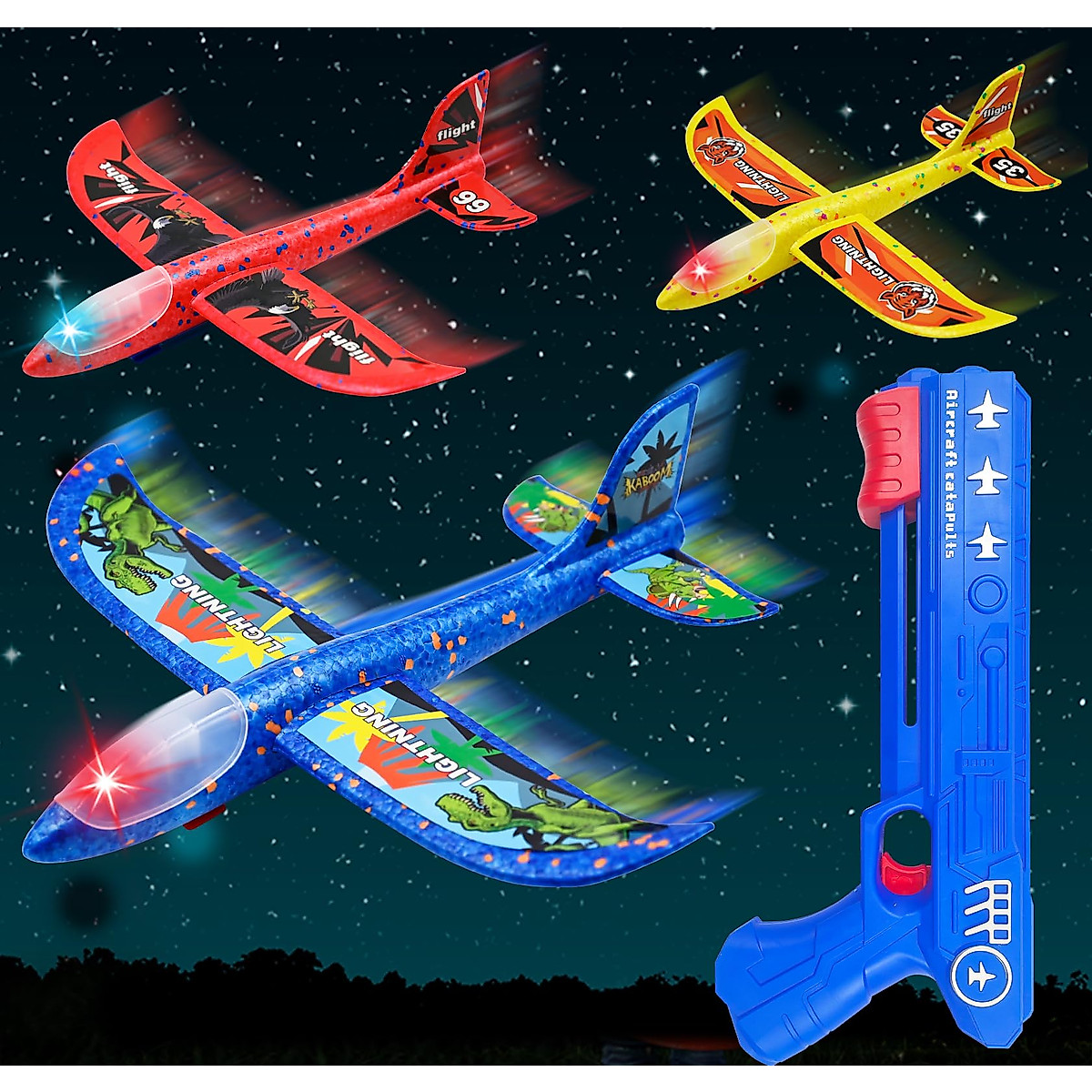 3 Pack Airplane Launcher Toys, LED Flying Foam Airplane Glider with 2 Flight Modes, Catapult Plane for Boys, Outdoor Sports Flying Toy for Kids,Birthday Gifts for Ages 3-12 Year Old