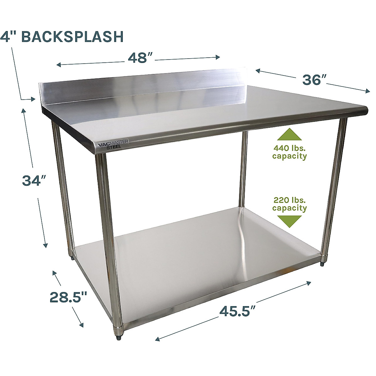 Vacmaster 36" x 48" Stainless Steel Workstation & Prep Tables with Adjustable Under-Shelf, Heavy Duty NSF Commercial Tables for Restaurant, Hotels, Lodges, and Home
