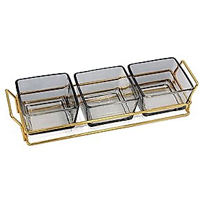 3 Square Glass Serving Dish with Gold Metal Rack, Chip and Dip Set, Food Trays for Party, Stand Sets for Nuts, Fruits, Snacks, Candy