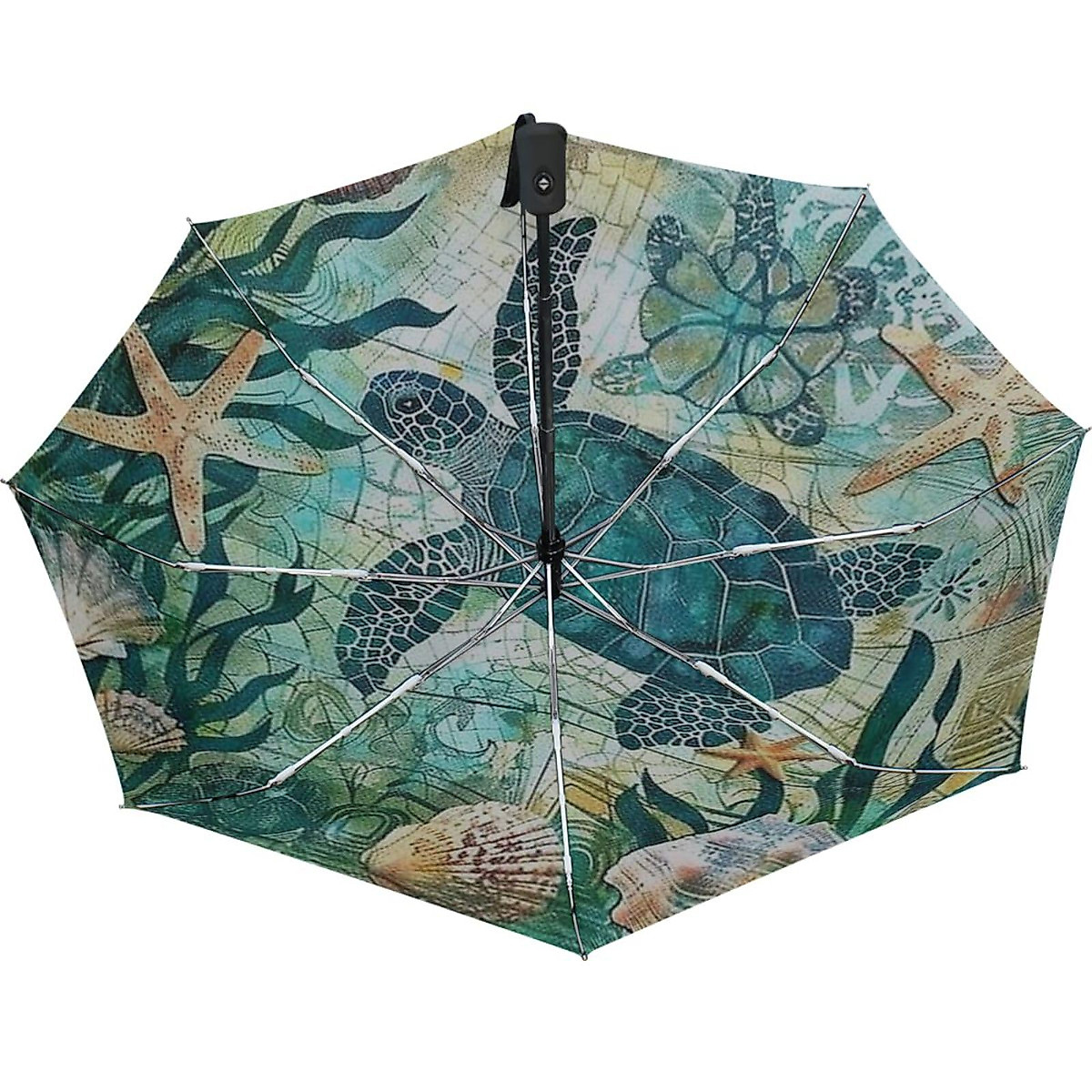 Wamika Vintage Ocean Turtle Umbrella Automatic Open Close Sea Starfish World Map Anti-UV Umbrellas Compact Windproof Lightweight Parasol Umbrella for Travel Car School Sun & Rain
