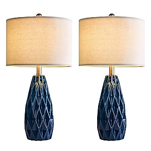 G-SAFAVA Modern Ceramic Table lamp Set of 2, Blue Embossed Geometric Pattern Bedside lamp Tall Nightstand Lamp End Table Lamps for Living Room Bedroom