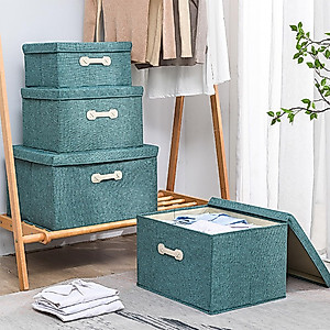Molizhi Foldable Storage Box with Lid Cotton and Linen Storage Box with Lid Cube Clothes Storage Box Bedroom Closet Storage Box with Lid Handle Storage Box (Green, 35 * 28 * 18CM)