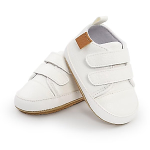 BABSMULY Baby Boys Girls Shoes Non-Slip Rubber Sole High-Top PU Leather Sneakers Infant First Walking Shoes Toddler Crib Shoes Newborn Loafers Flats.(White, 6-12 Months)
