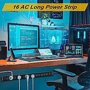 16 Outlets Long Power Strip Metal Wall Mount Power Strip 10 FT Heavy Duty Garage Workbench Workshop Bar Industrial Electric Strip Outlets, ETL (Black)