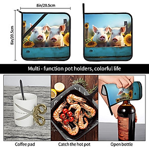 Pot Holders Set of 2, Funny Pig Hanging on Fence Heat Resistant Kitchen Non Slip Printed Cooking Barbecue Baking Microwave, 8x8 Inches