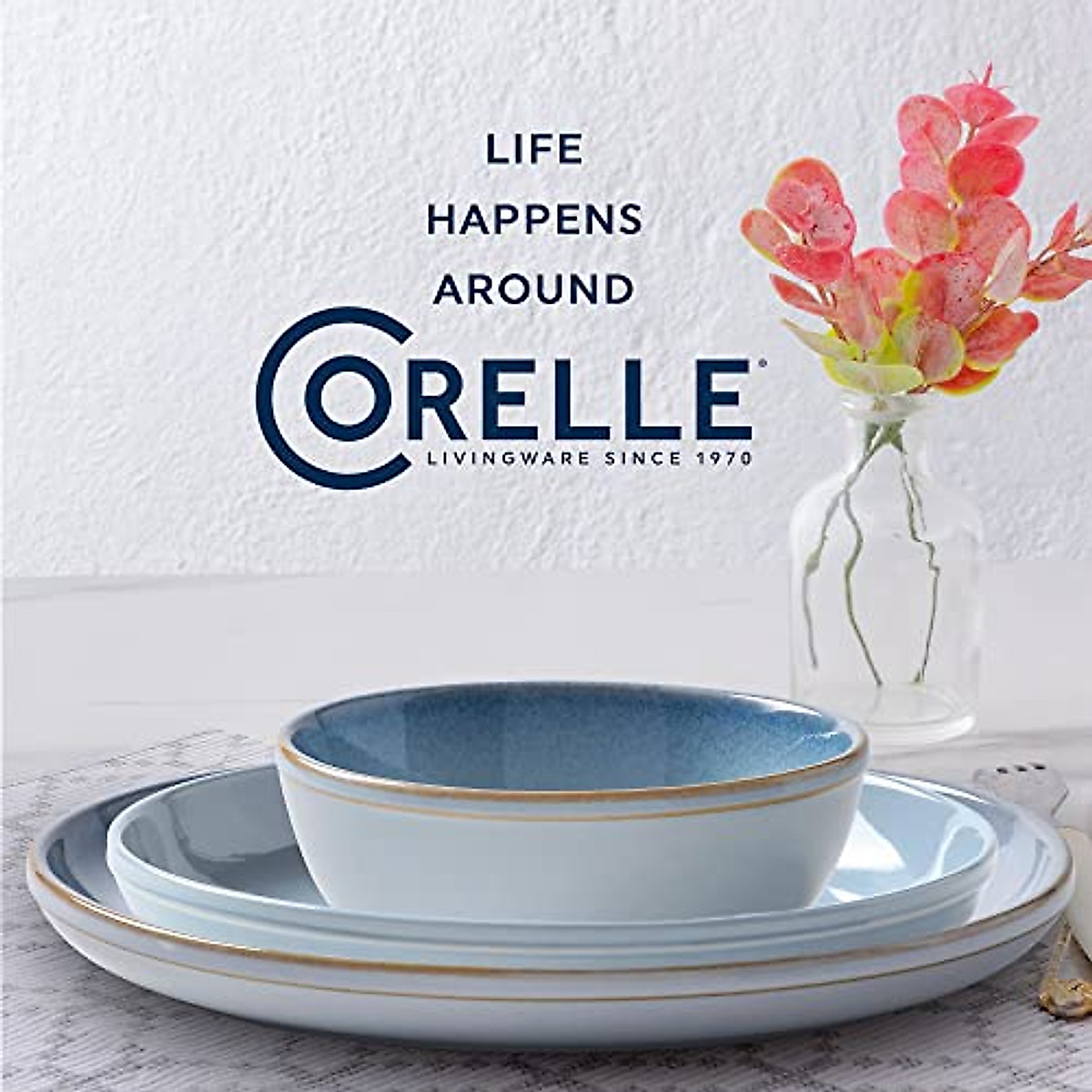 Corelle Stoneware 16-Pc Dinnerware Set, Handcrafted Artisanal Double Bead Plates, Meal Bowls, Bowls and Tumblers, Solid and Reactive Glazes, Dining Plate Set, Nordic Blue