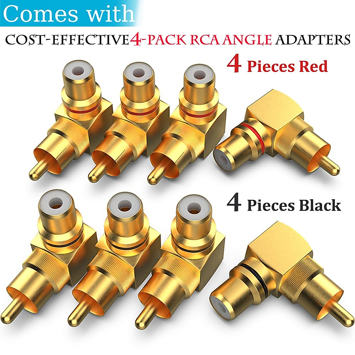 Warmstor RCA Right Angle Adapter, Gold-Plated 8-Pack 90 Degree Metal RCA Male to RCA Female Connector Adapter (4 Black + 4 Red)
