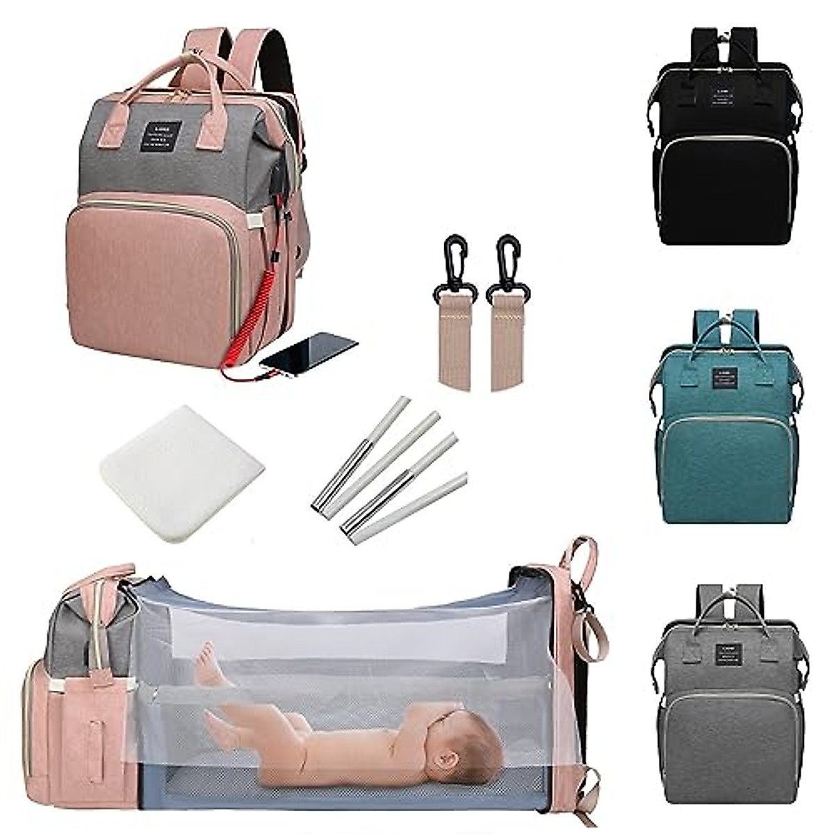 ANWTOTU Diaper Bag with Changing Station,Diaper Bag Backpack，7 in 1 Travel Baby Diaper Bag,Mommy Bag With USB Charging Port (Pink-Grey)