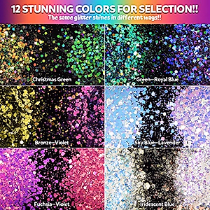 Chameleon Chunky Glitter, LEOBRO 12 Color Holographic Craft Glitter for Resin, Nail Glitter for Body Face Eye, Epoxy Resin Flake Sequin Glitter for Crafts Resin Tumbler Keychain Jewelry Making