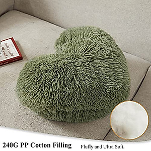 XeGe Luxury 15"x17" Faux Fur Heart Shaped Pillow, Plush Shaggy Decorative Throw Pillow, Fluffy Cuddly Heart Pillow w/Insert, Furry Accent Pillow for Valentine's Day/Birthday/Christmas, Sage Green