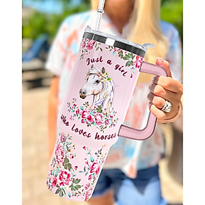 Omezin 40 Oz Horse Tumbler With Handle - 40oz Double Insulated Travel Coffee Mug With Lid and Straw - Horse Lover Gifts for Women