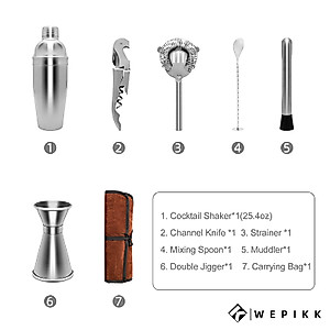 Wepikk Cocktail Shaker Set Bar Tools Mixology Bartender Kit Stainless Steel Drink Mixer Portable Carry Bag Travel Kit 25.4 oz Martini Whisky Mojito Margarita Tequila
