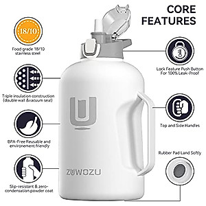 ZUWOZU Half Gallon Water Bottle Insulated,18/10 Stainless Steel,Dishwasher Safe,Double Walled Vacuum,Gallon Water Jug with Straw and Handle,Perfect for Gym,Hot&Cold Drinks (White, 67oz)