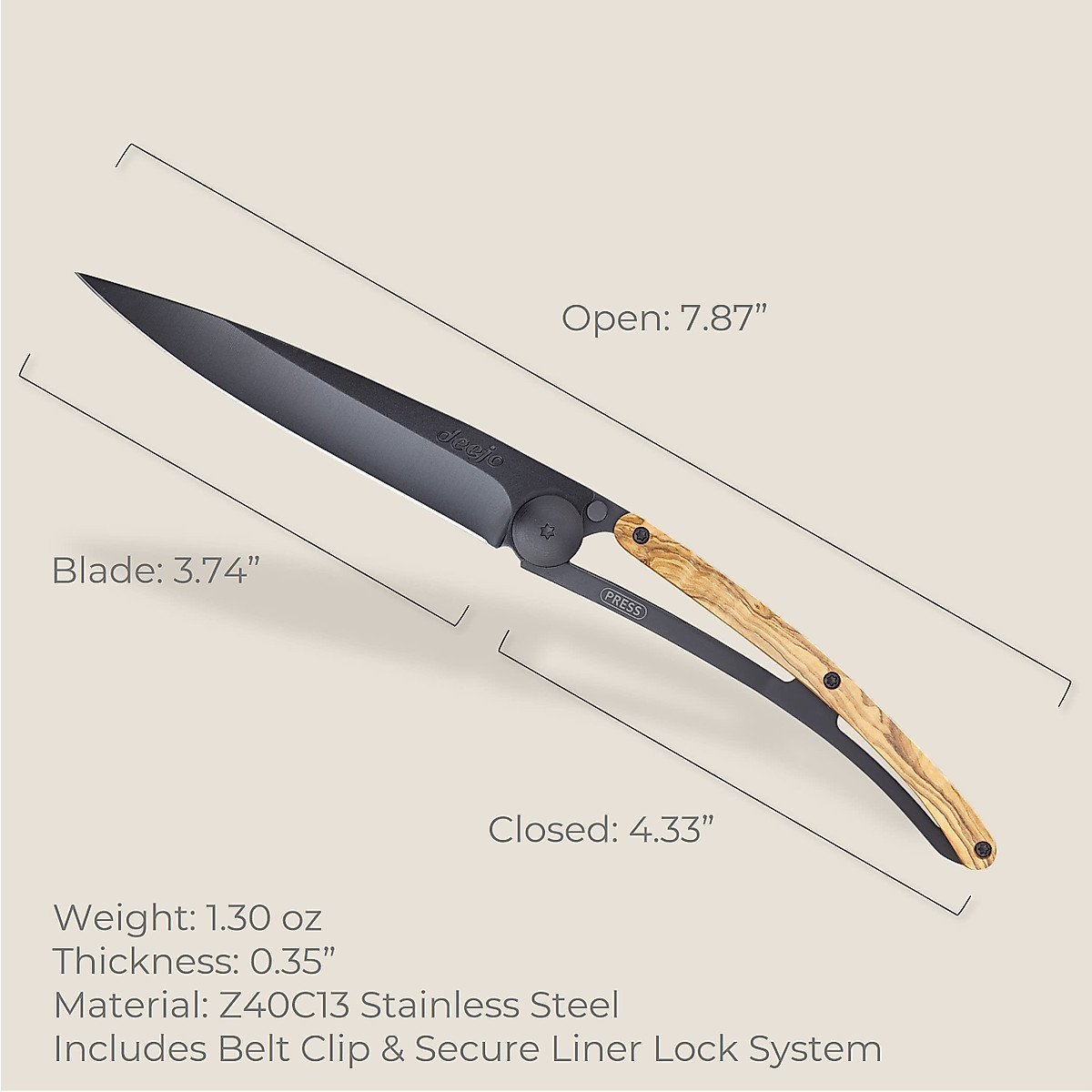 deejo Ultra Lightweight Folding Pocket Knife with Belt Clip - Olive Wood Version 1.3 oz - Fine, Sharp Blade - Black Titanium Coating Stainless Steel - Elegant and Modern Design