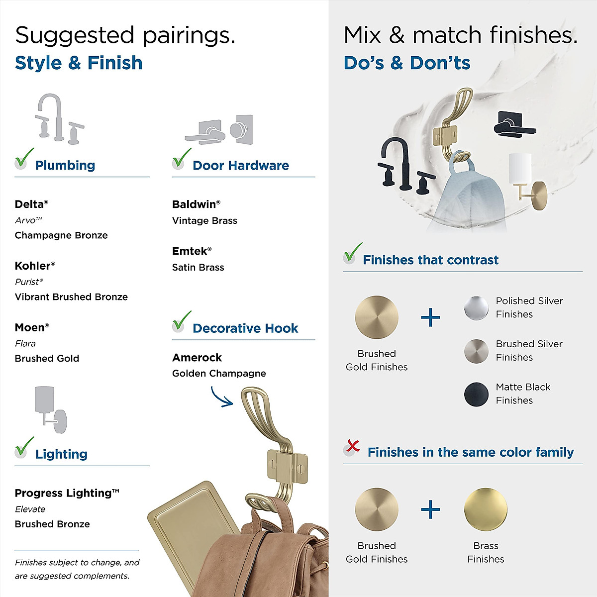 Amerock H37006BBZ | Vinland Double Prong Decorative Wall Hook | Golden Champagne Hook for Coats, Hats, Backpacks, Bags | Hooks for Bathroom, Bedroom, Closet, Entryway, Laundry Room, Office