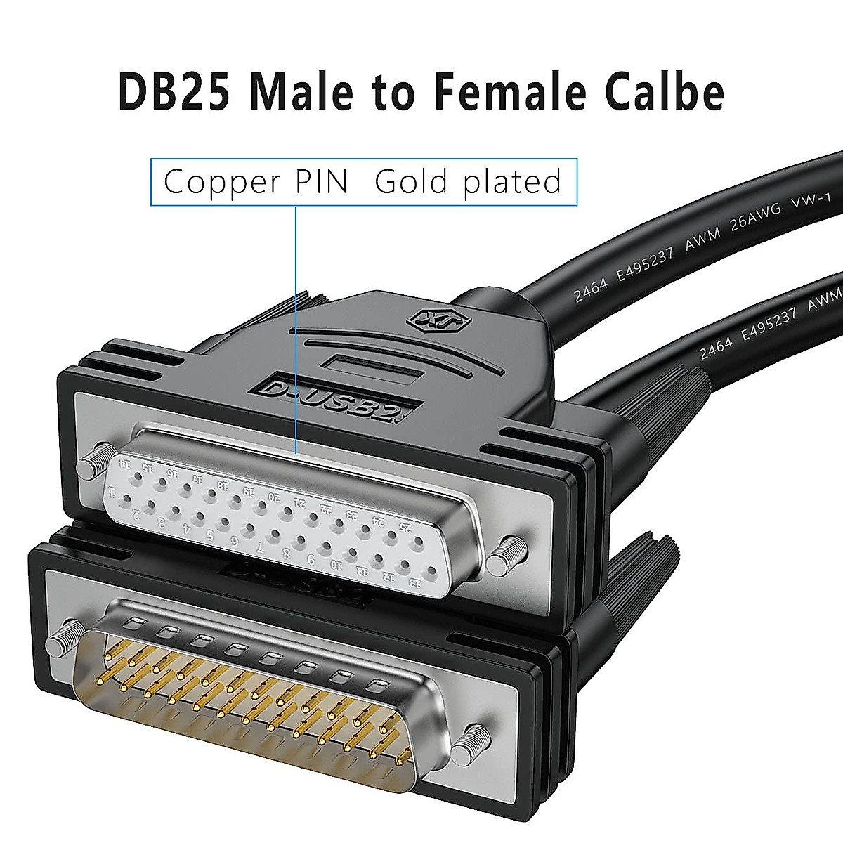 JUXINICE DB25 Male to Female Extension Cable 10FT, 26awg Tinned Copper Wires,Double-Shielded with Foil &Metal Braid, D-SUB 25 PIN RS232 Serial Cable in Black
