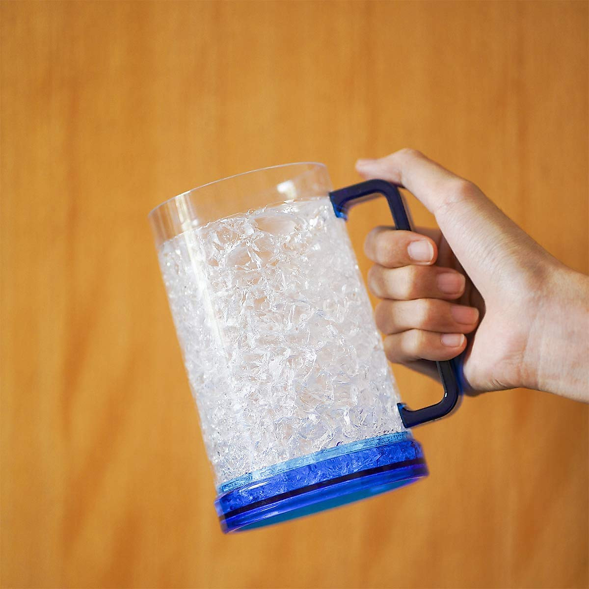 Patiomos Drinking Glasses Cups, Double Wall Gel Freezer Beer Mugs, Freezer Ice Mugs Cups, 16oz, Plastic Cooling Beer Mug Clear Set of 4 (2Blue and 2Black)