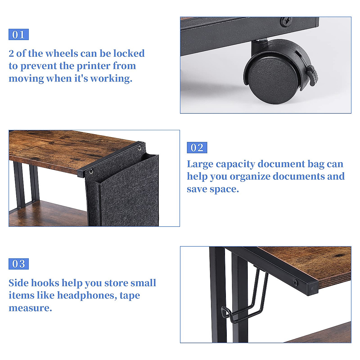 Printer Stand with Storage Bag Under Desk Printer Table on Wheels 2 Tier Small Desktop Rolling Stand Shelf for Fax Machine Scanner Files (Brown)