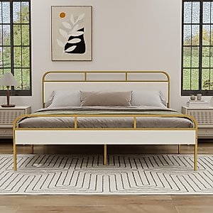 alazyhome Modern King Size Bed Frame, Metal Platform Bed with Velvet Upholstered Headboard, Steel Slats Support, Noise Free, Under-Bed Storage, Easy Assembly, Gold