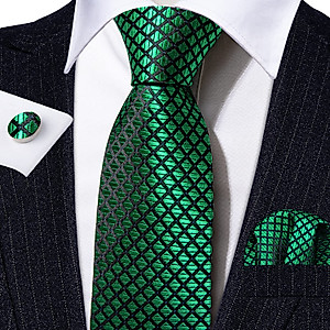Barry.Wang Mens Ties Silk Tie Pocket Square Cufflinks Set Woven Designer Emerald Green