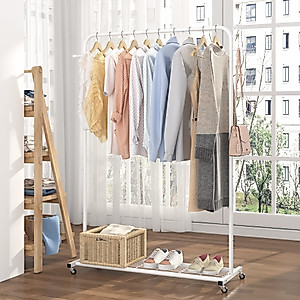 Sywhitta Clothes Rack on wheels, Clothing Rack with Bottom Mesh Storage Shelf,Sturdy Metal Frame,Rolling Garment Rack for Hanging Clothes,Coats,Skirts,39.76" L x 16" W x 64.56" H,White